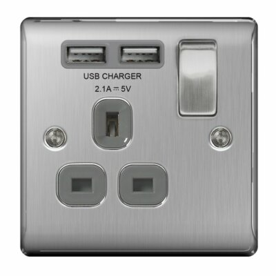 BG Nexus NBS21U2G Brushed Steel Satin Chrome USB Single Socket 1 Gang ...