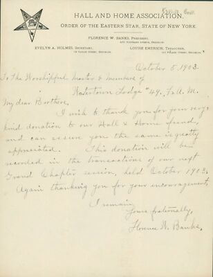 1903 Hall and Home Order Eastern Star Masonic Letterhead Florence Banks ...