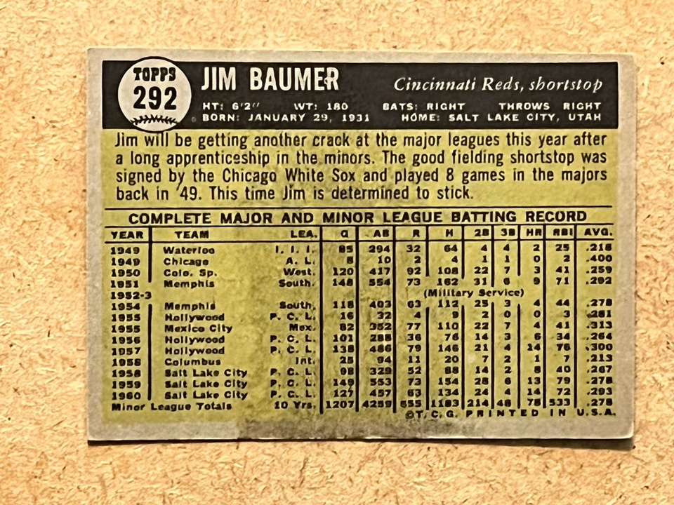 1961 Topps Jim Baumer #292 VG Wax Stain | eBay