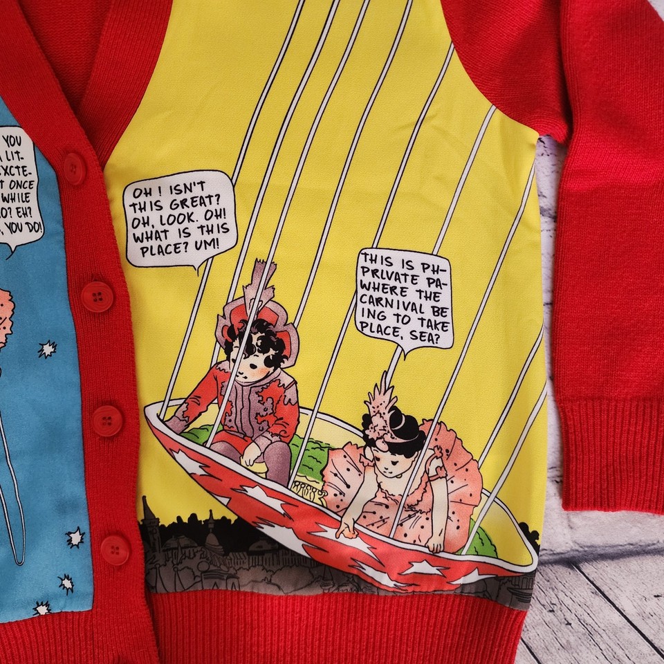 BUTTON Little Nemo Print Panelled Cardigan In Red, Quirky Novelty Knit ...