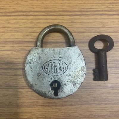 OLD OR ANTIQUE BRASS PADLOCK OR LOCK WITH KEY, SMALL SIZED, DECORATIVE ...