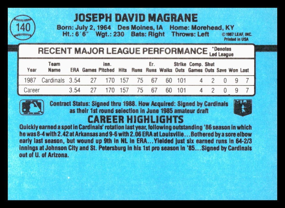 1988 Donruss 140 Joe Magrane St. Louis Cardinals Baseball Card | eBay