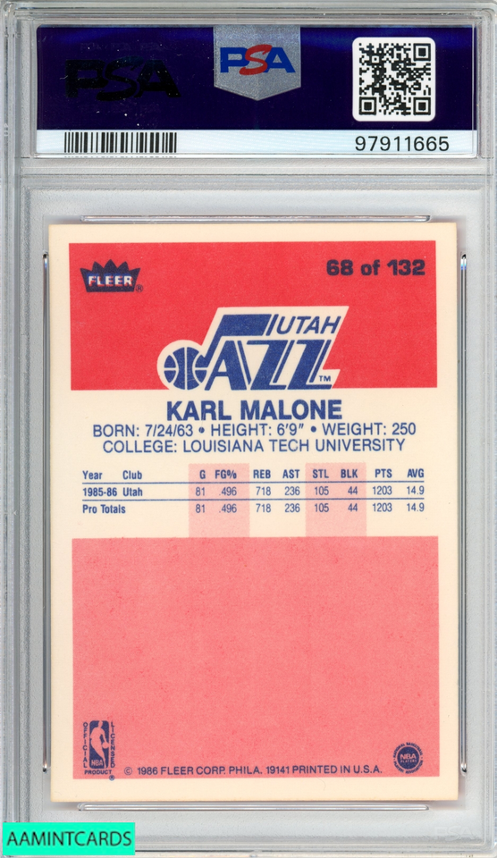 1986 FLEER KARL MALONE #68 ROOKIE RC UTAH JAZZ HOF PSA 8 NM-MT | eBay