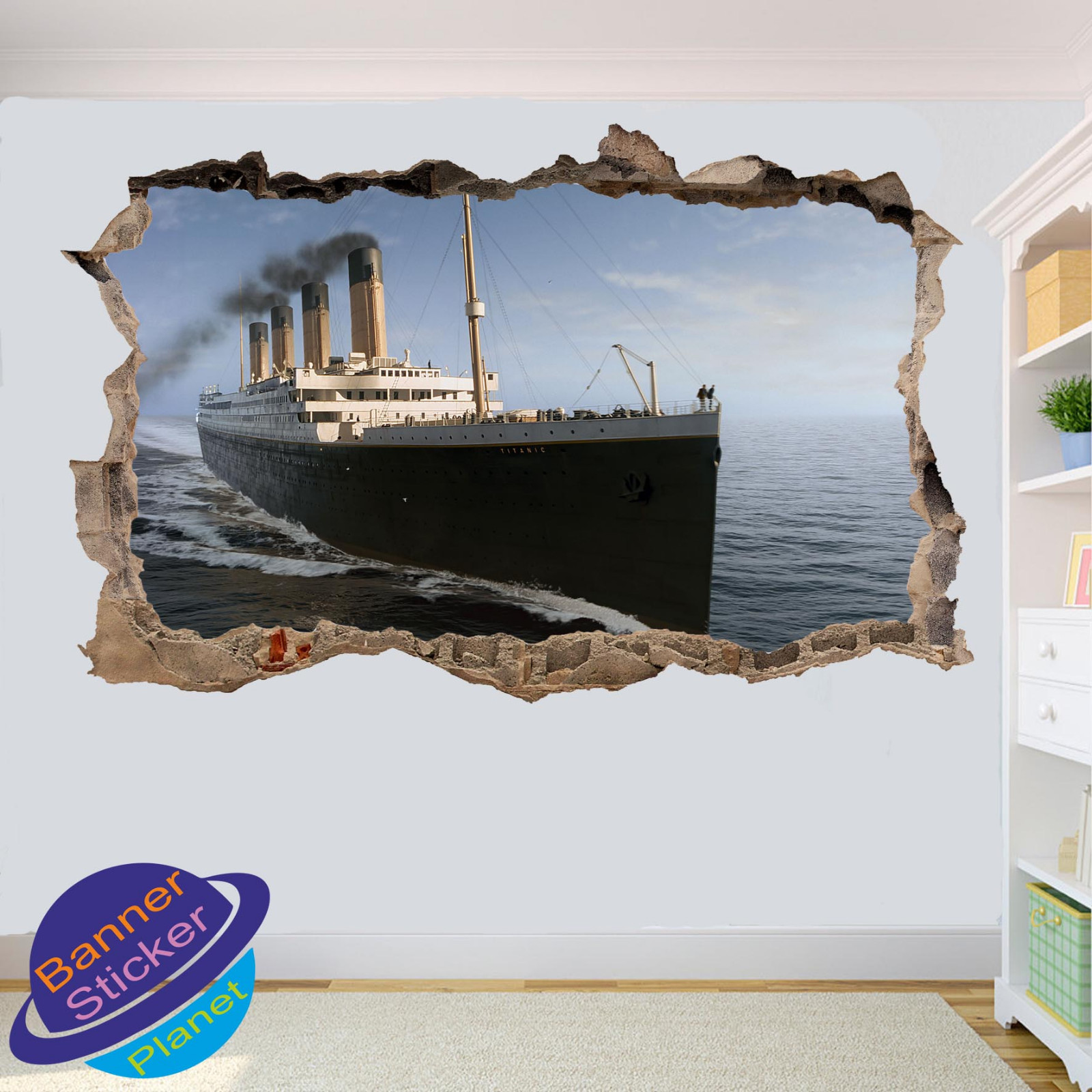 TITANIC SEA LINER OCEAN 3D SMASHED WALL STICKERS ART ROOM DECOR DECAL ...