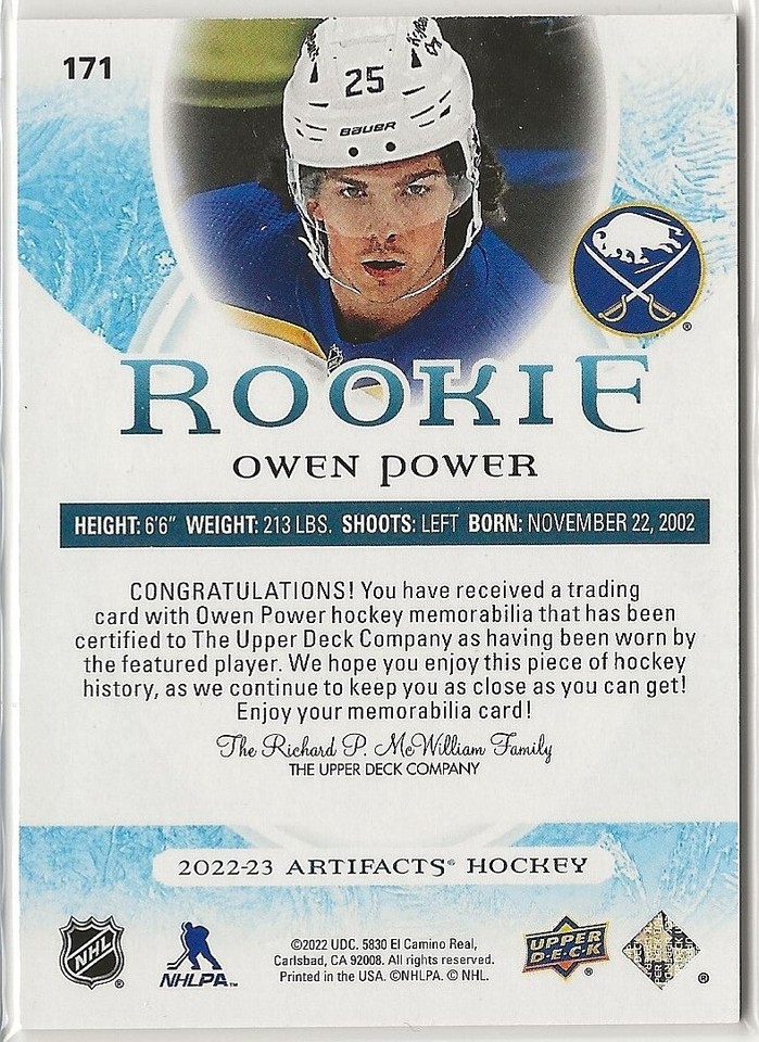 2022-23 Artifacts Materials Gold Rookie Jersey #171 Owen Power 261/599 ...