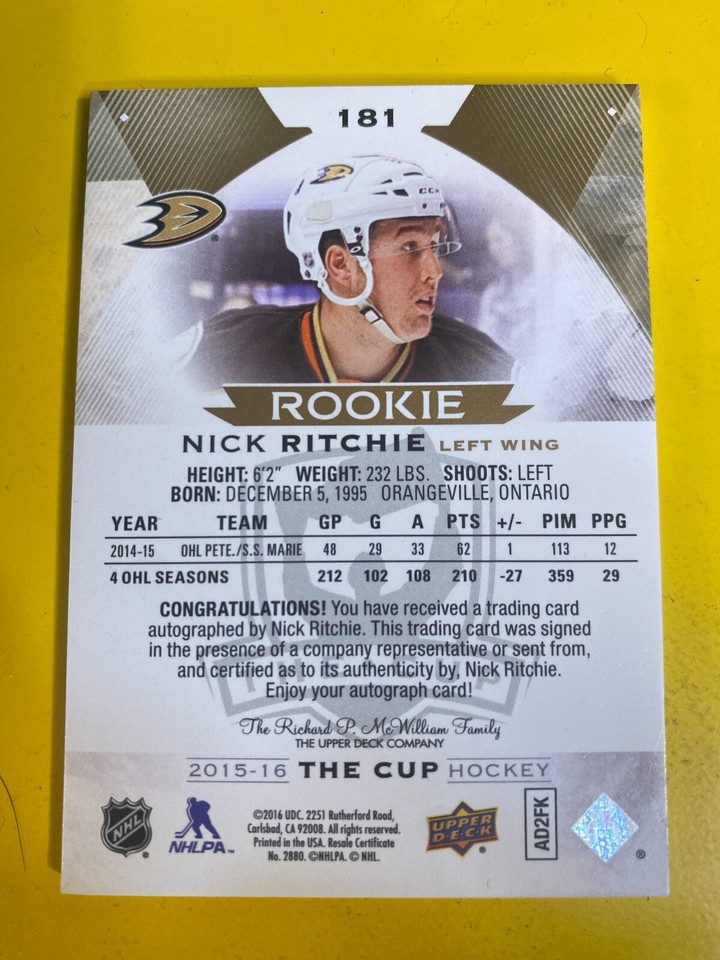 RS21064 2015-16 The Cup Gold Spectrum #181 Nick Ritchie AUTOGRAPH #15/ ...