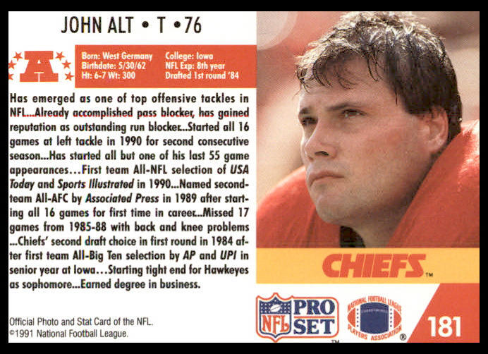 1991 Pro Set #181 John Alt Kansas City Chiefs Football Card | eBay