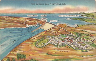 Pickerstown, SOUTH DAKOTA - Fort Randall Dam - Birdseye - LINEN - MAP ...