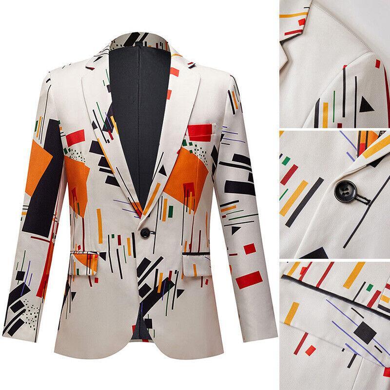 Men Formal Blazer Jacket Coat Geometric Pattern Suit Top Stage Party ...