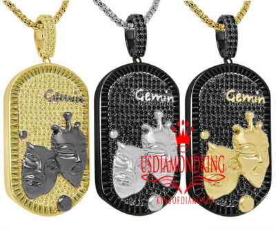 Baguette Dog Tag Gemini Zodiac Sign Pendant 14K Gold Tone Diamond Charm ...
