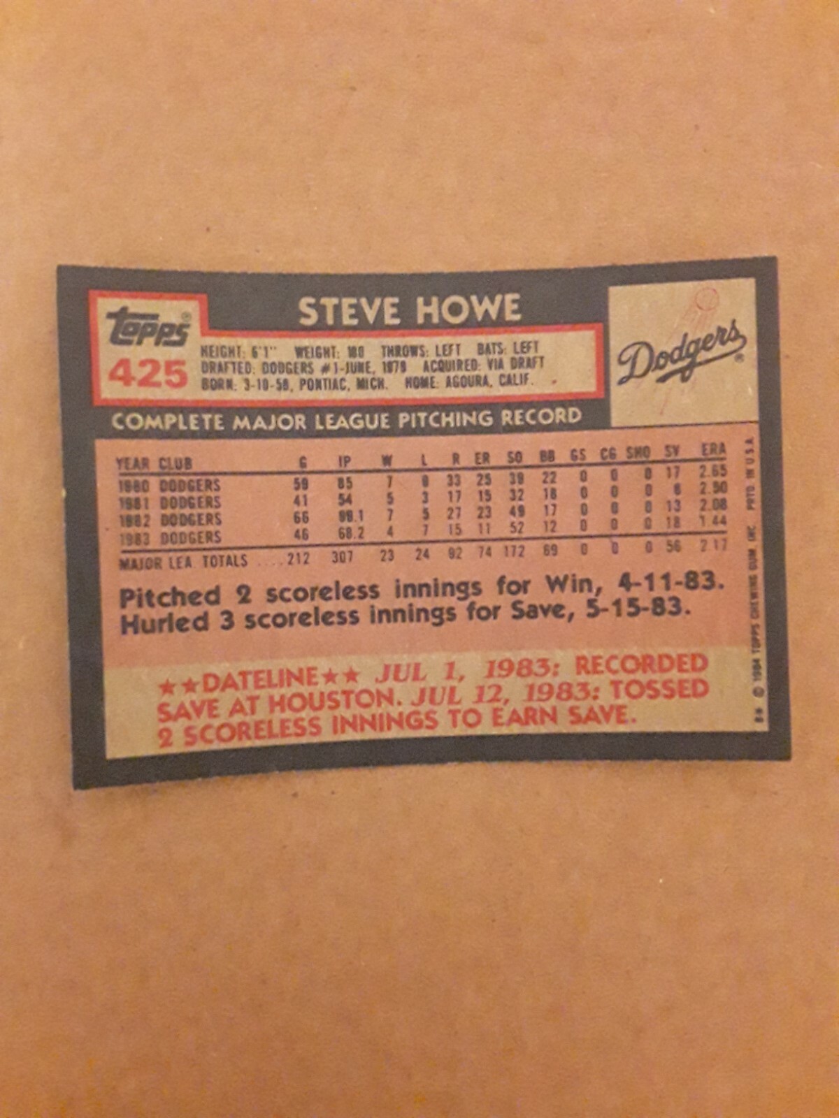 1984 Topps Steve Howe baseball card #425. Los Angeles Dodgers. | eBay
