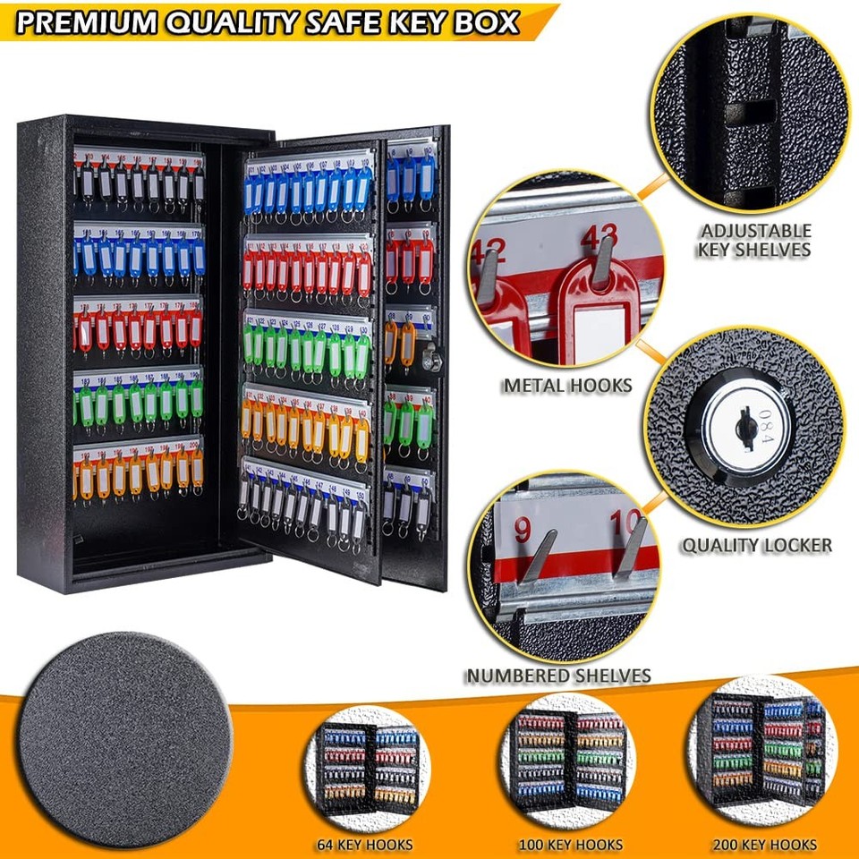 Key Box Wall Mount 200 Position Metal Locking Key Cabinet Organizer ...