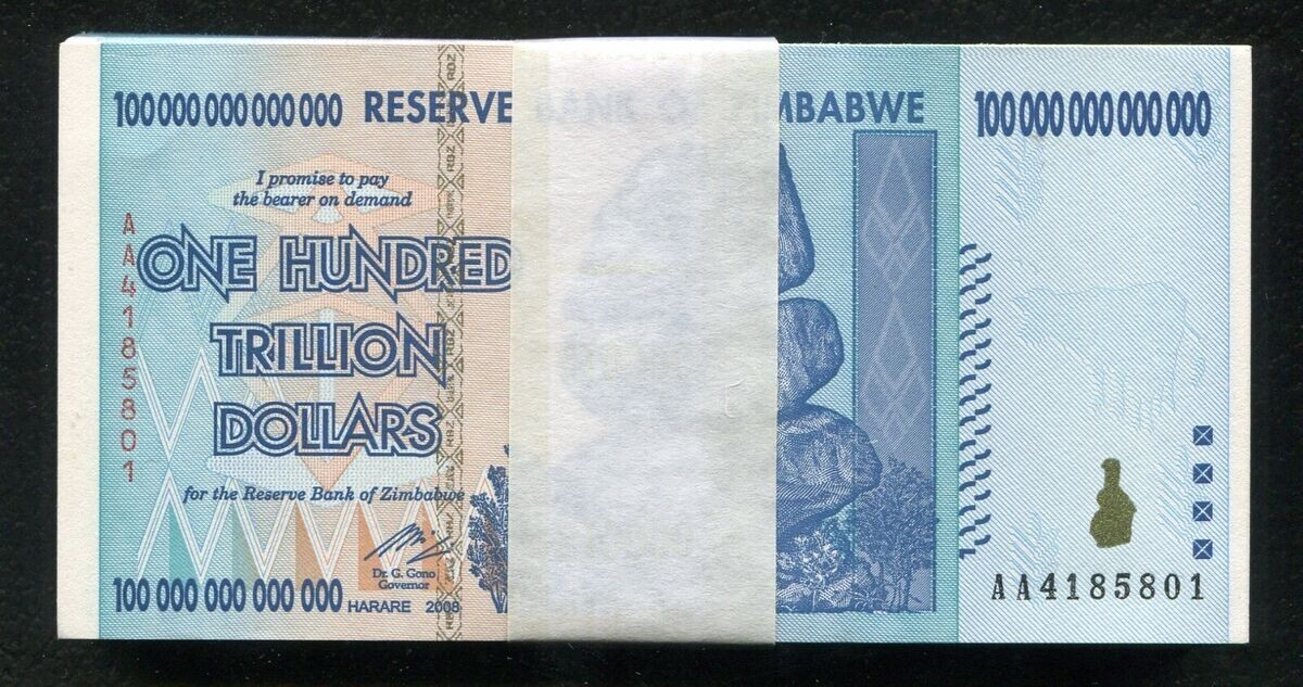 ZIM Zimbabwe 100 Trillion Banknote 10 Notes AA/2008, P-91, Uncirculated ...