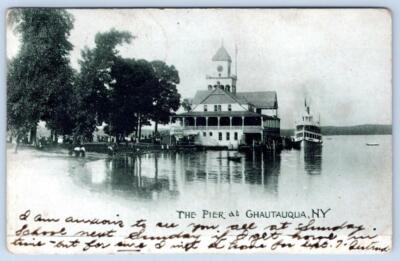 1906 STEAMER AT PIER CHAUTAQUA NY LAKE MAP WINDMILL KETCHUM POSTCARD ...
