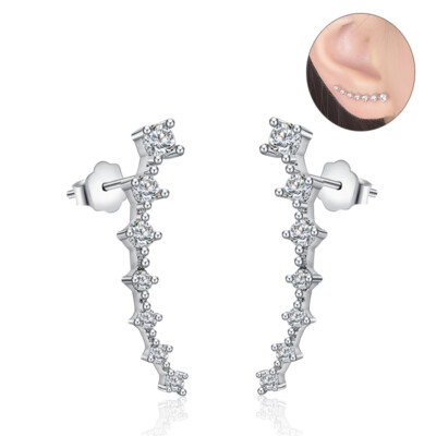 Solid 925 Sterling Silver Ear Climber Crawler 7 Round Stone CZ Stud ...