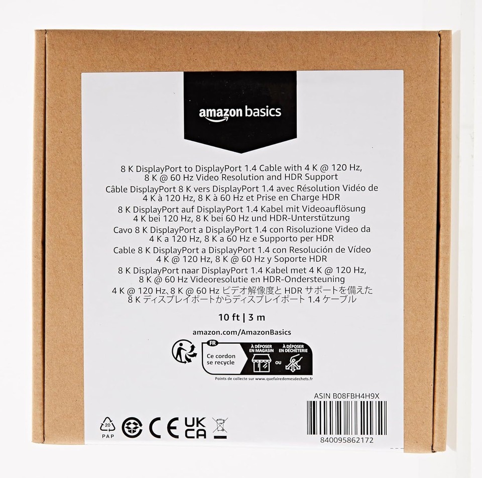 Amazon Basics 2-Pack 10Ft DisplayPort 1.4 Cable 8K 60hz UHD 3D HDR ...