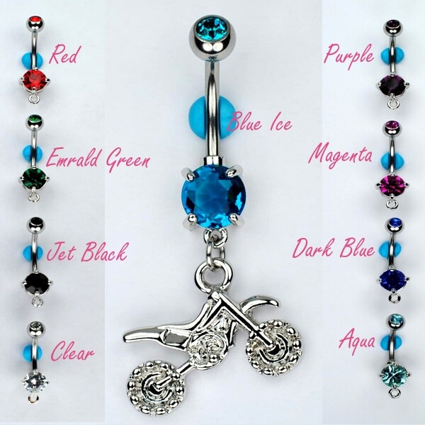 Motocross Dirt Bike Dangle Navel Belly Ring Bar Double Gem Piercing ...