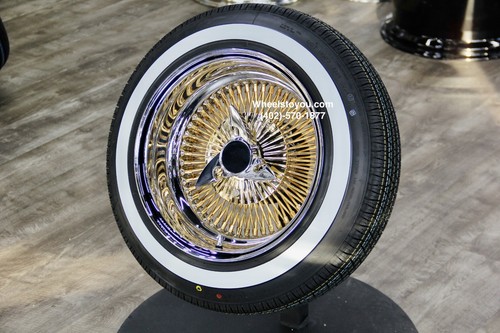 New Set (4) 15x7" GOLD & CHROME 100 SPOKE WIRE WHEELS WIDE WHITEWALL ...