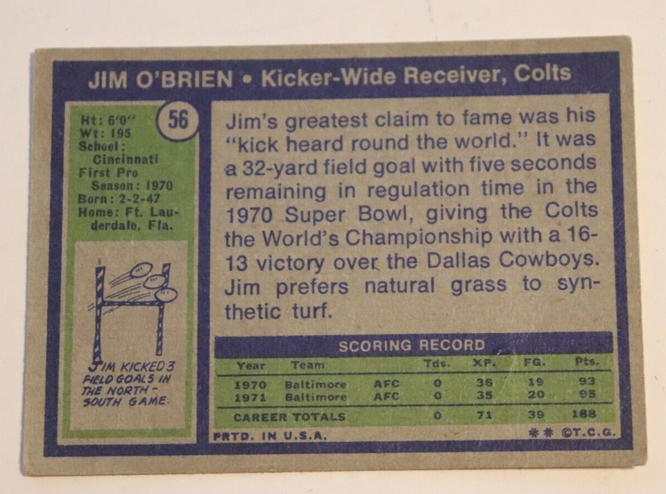 1972 Topps Baltimore Colts Football Card #56 Jim O'Brien RC | eBay