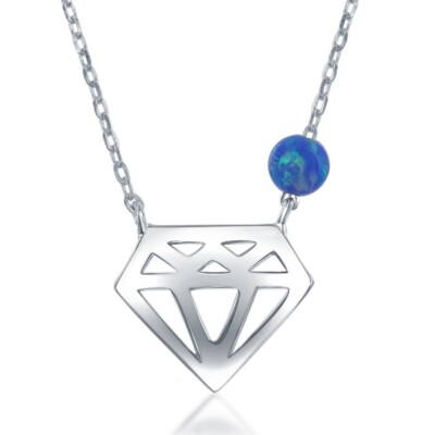 Sterling Silver Diamond Cut-out with Blue Opal Bead Necklace | eBay