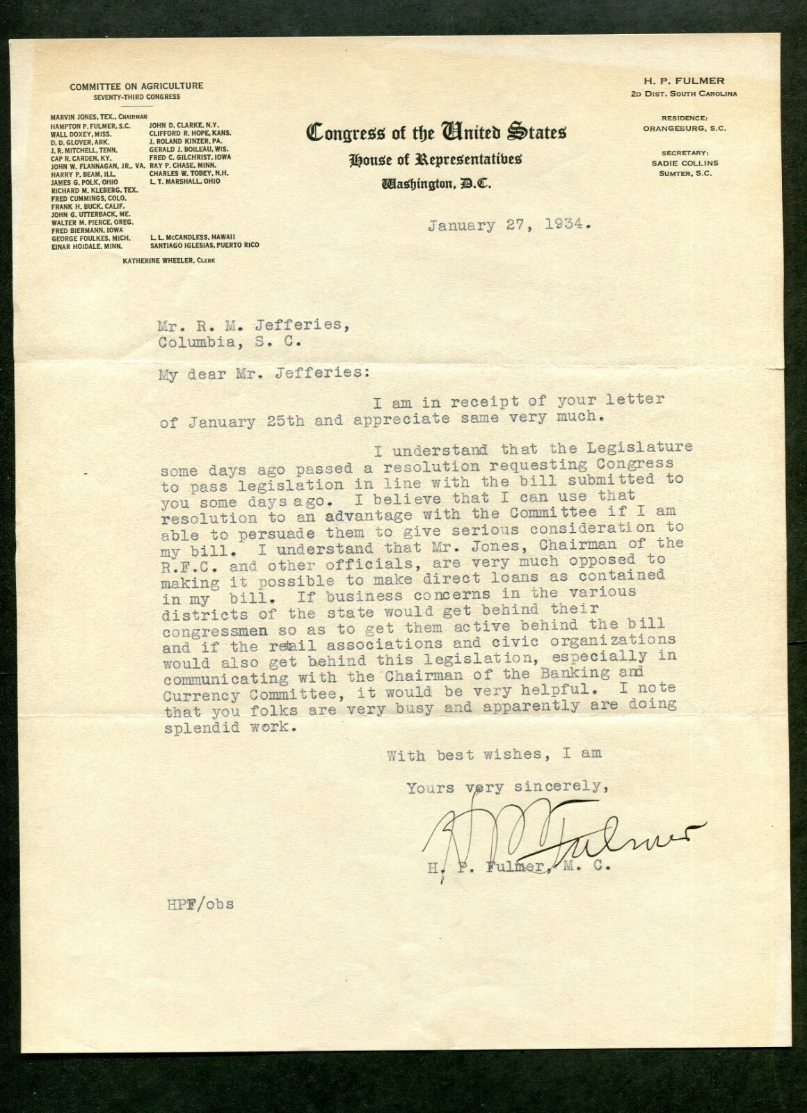 1934 US HOUSE OF REPRESENTATIVES LETTERHEAD H F FULMER 2ND DIST SC ...