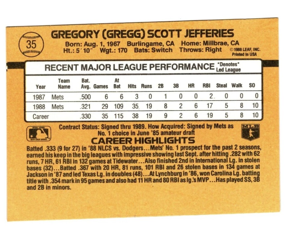 1989 Donruss #35 Gregg Jefferies RC Mets Baseball Rookie Card Rated ...