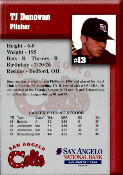 2002 San Angelo Colts Team Issue #5 TJ Donovan Bedford Ohio OH Baseball ...