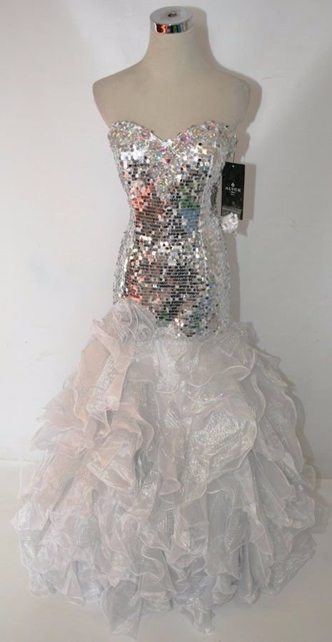 Alyce Paris 0 SILVER Long MERMAID Ruffles GOWN FORMAL PROM PAGEANT ...