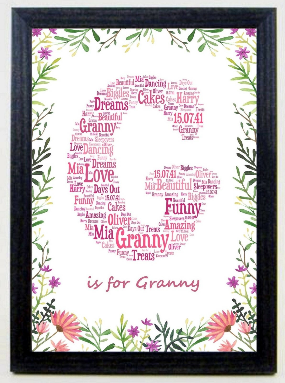 Personalised FLORAL BORDER Grandma,Granny,Nana,Nanny Mum A4 Print ...