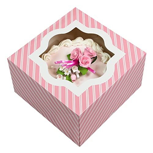 Autopopup Extra Deep Square Cake Box With Window Pink Striped 10 X 10 X ...