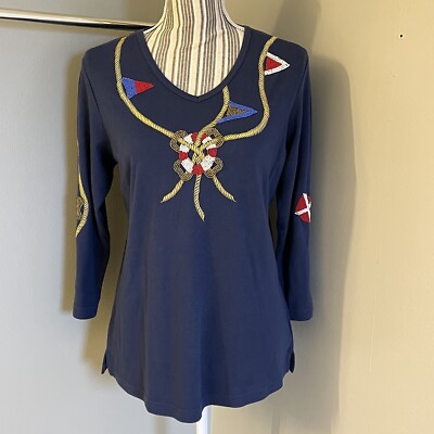 Vintage Quacker Factory Womens Top Sz S Navy Blue Beaded Nautical Long ...