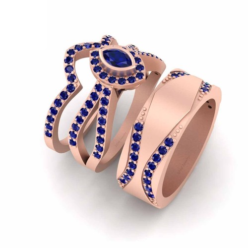 Created Blue Sapphire His and Her Matching Bride and Groom Wedding Ring ...