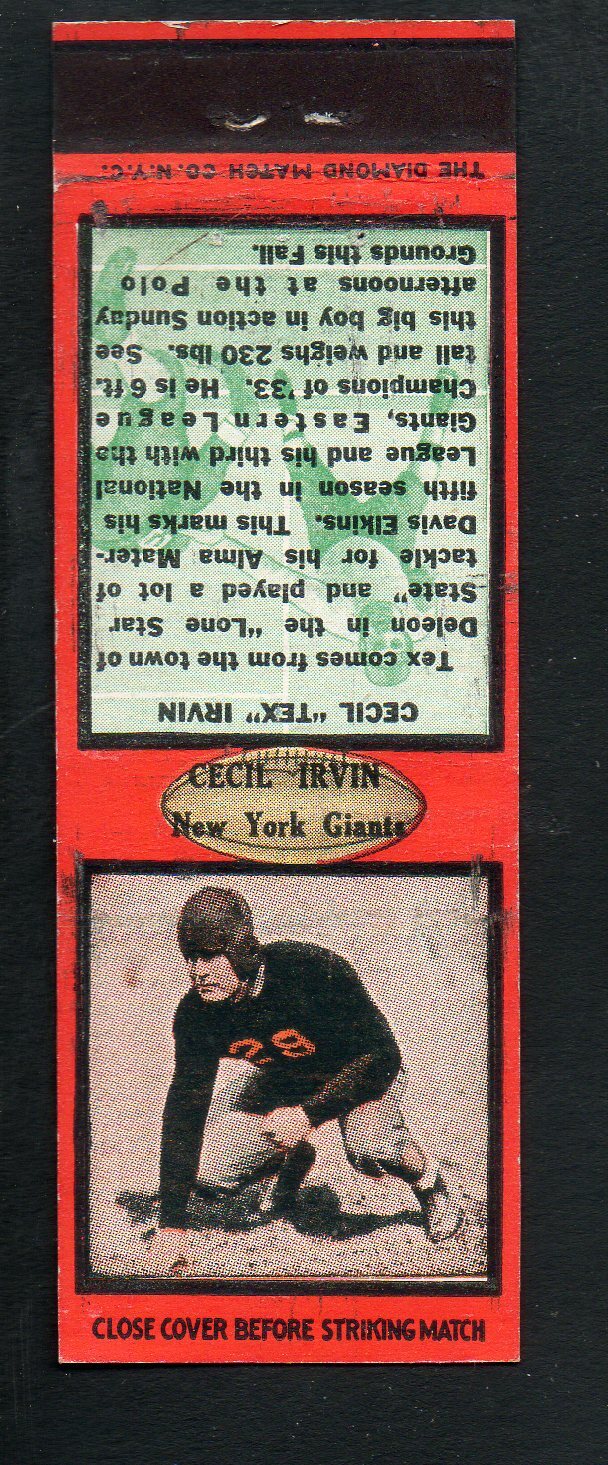 1934 Diamond Football Matchcover #45-Cecil Irvin-New York Giants Near ...