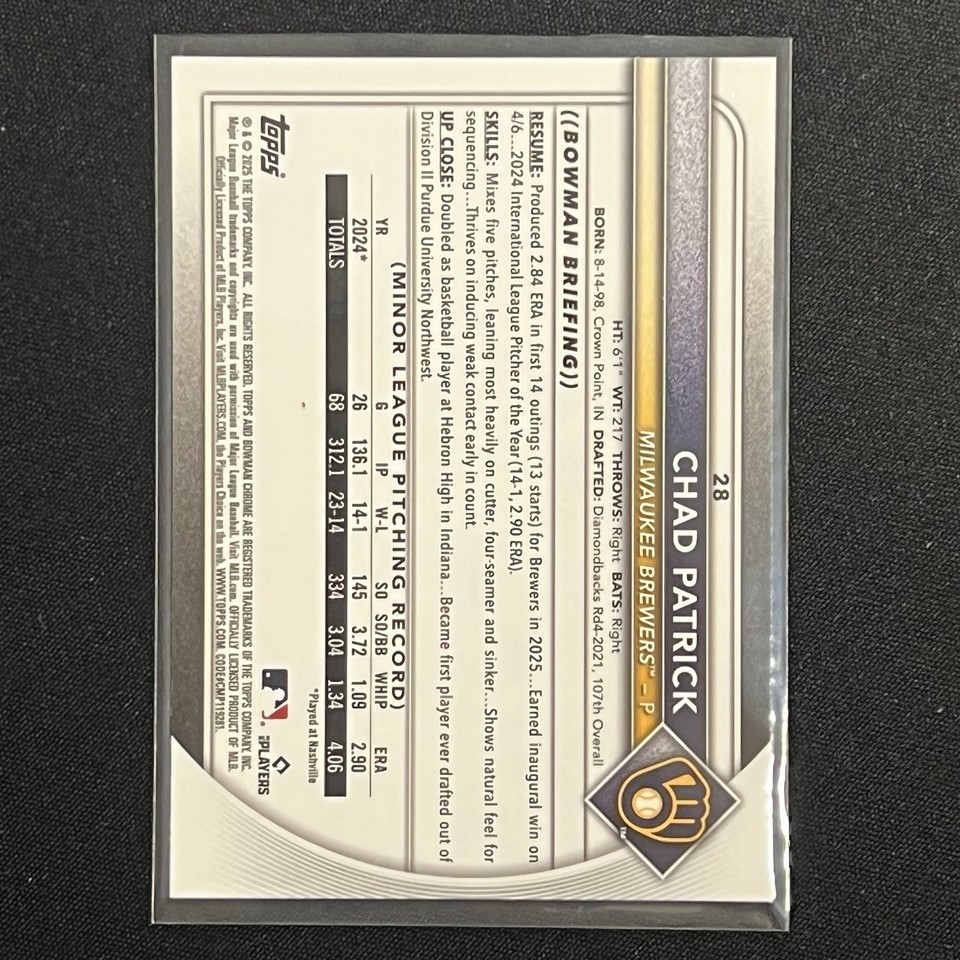 2025 Bowman Chrome Chad Patrick Red Rookie Refractor Brewers RC | eBay