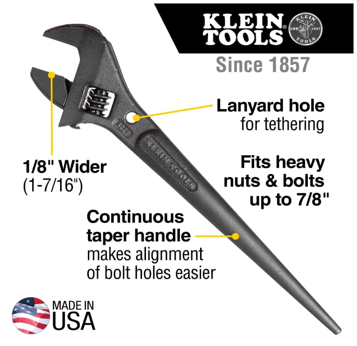 Klein Extra Wide Adjustable Wrench, Construction Spud Wrench for Nuts ...