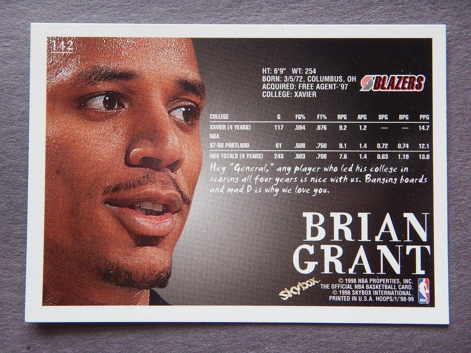 Brian Grant #142 NBA Hoops 1998 Basketball Card (Portland Trail Blazers ...