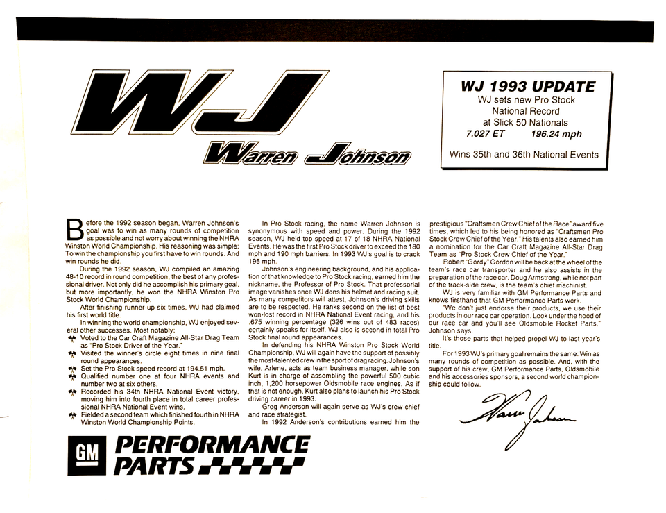 VINTAGE WARREN JOHNSON OLDS GM PERFORMANCE PARTS NHRA P/S DRAG RACING ...