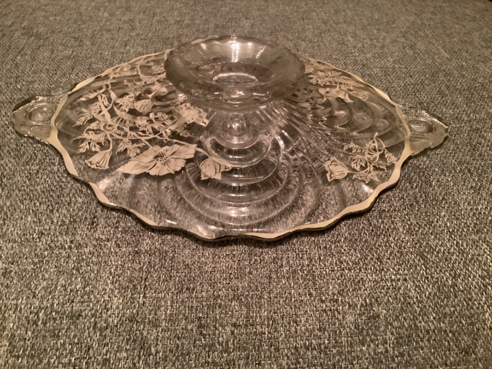 Cambridge Caprice Silver Overlay Poppy Footed Handled Silver Rim Bon ...