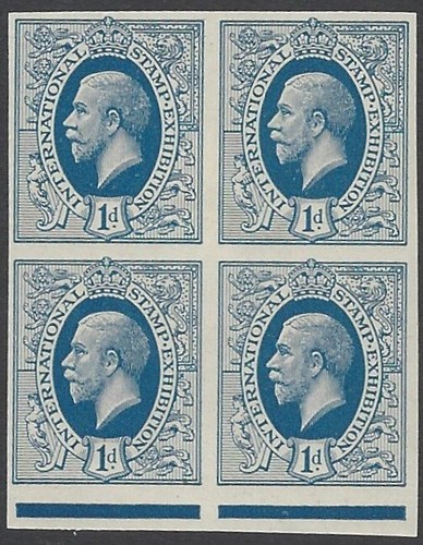 AOP GB 1911 Intl Stamp Exhibition 1d blue imperf IDEAL STAMP block of 4 ...