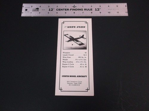 VINTAGE CURTIS MODEL AIRCRAFT THE LONG JONH R/C PLANE BROCHURE *G-COND ...