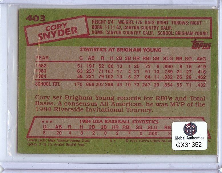 Cory Snyder 1985 Topps Signed RC Rookie Autograph Team USA GX31352 #403 ...