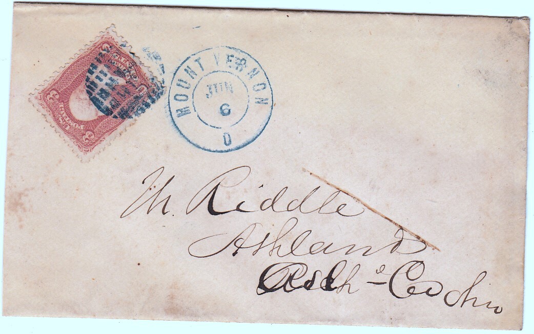 Mount Vernon Ohio Early Blue Ink Fancy Cancel Postal Cover Red 3 Cent ...