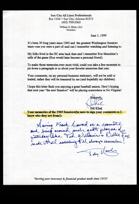 FAN LETTER RESPONSE - TOBY HARRAH RE: 1969 WASHINGTON SENATORS, BAS ...