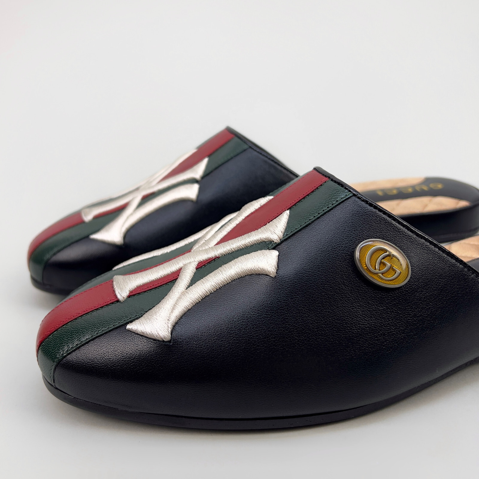 New GUCCI NY Yankees Web mule black leather 4.5 G or 8.5 US 38.5 EUR ...