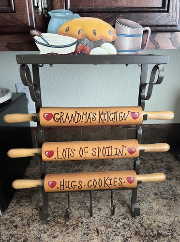 Grandma's Kitchen Wall Rack With Shelf And 3 Decorative Rolling Pins | eBay