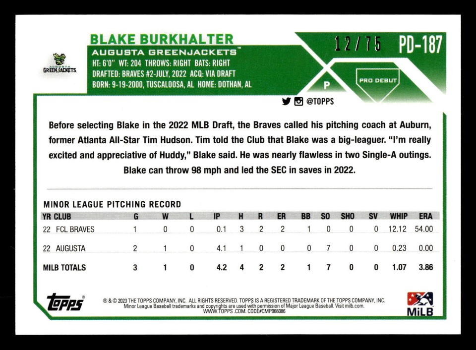 2023 Topps Pro Debut Blake Burkhalter Aqua Foil #/75 PD-187 | eBay