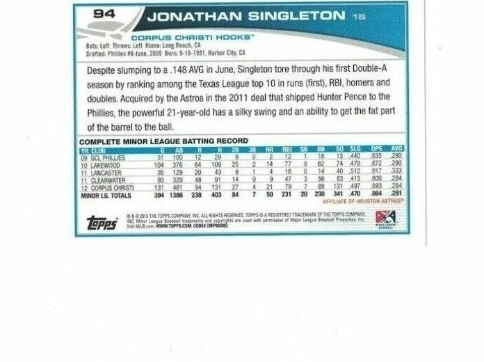 JONATHAN SINGLETON SIGNED IP TOPPS #94 2013 CORPUS CHRISTI HOOKS AUTO ...