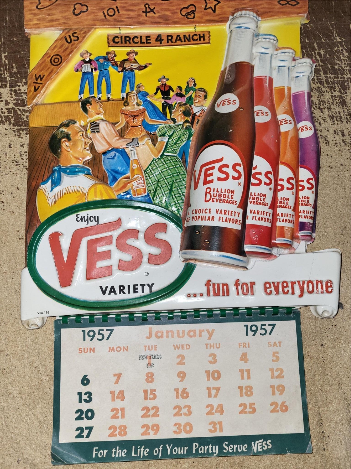 1957 Vess Soda Circle 4 Ranch Embossed Sign Calendar 21" | eBay