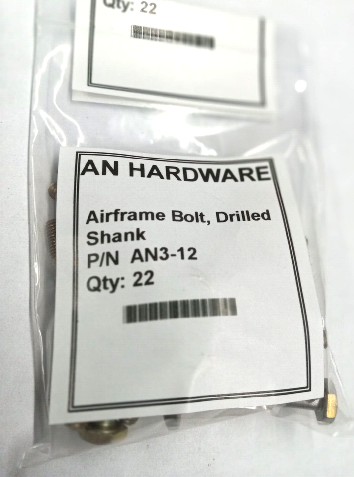 AN P/N AN3-12, Airframe Bolt, Drilled Shank (22/PACK) | eBay
