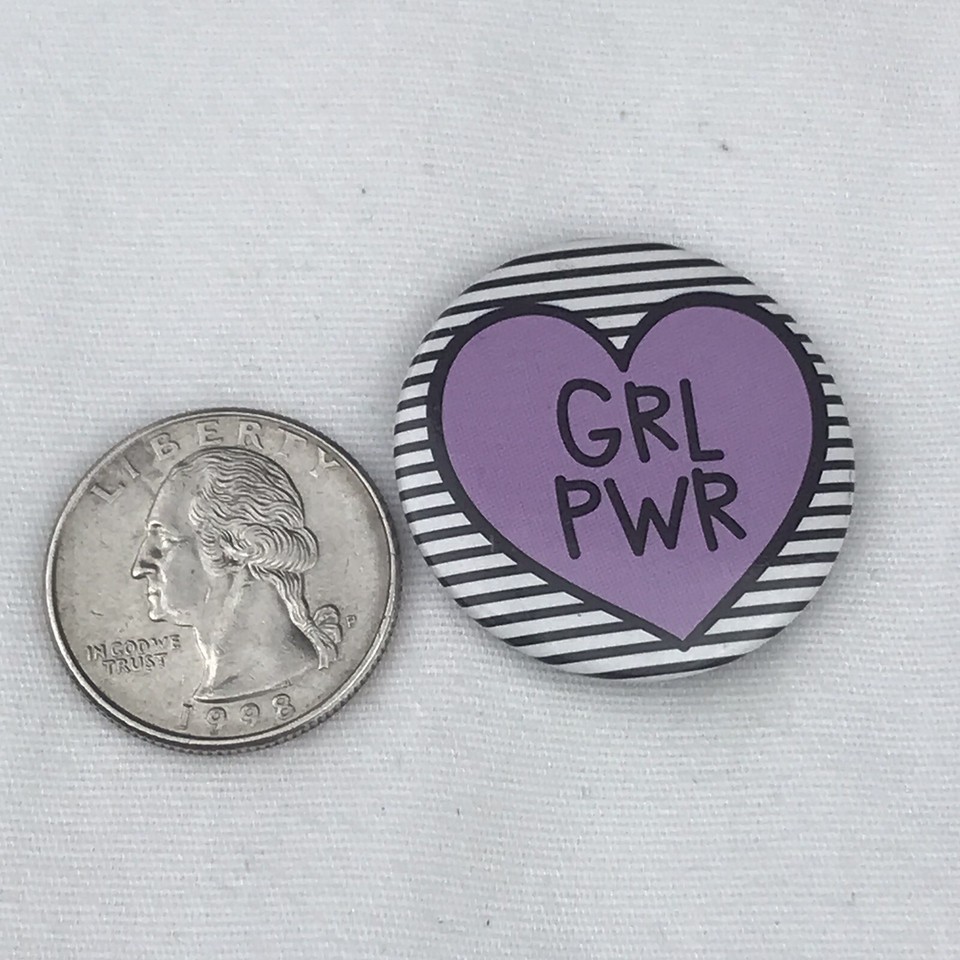 Girl Power Pin Button Purple Heart Black White Striped Vintage GRL PWR ...